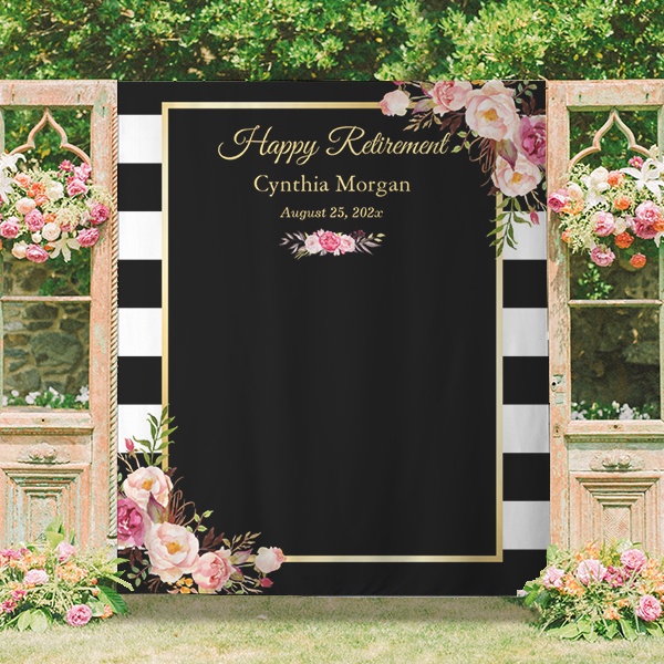 Buy Happy Retirement Black & White Stripes Floral Customized Vinyl Flex ...