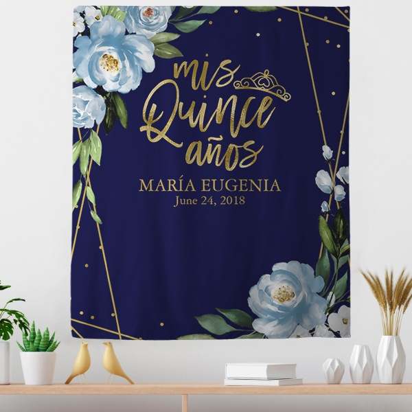 Buy Gold Foil Dark Blue Floral Customized Vinyl Flex Print Backdrop ...