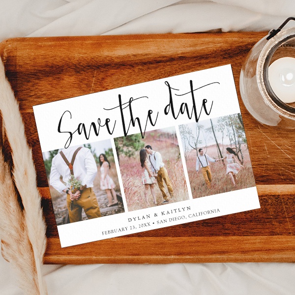 Buy Rustic Script Three Photos Save the Date Customized Printed ...