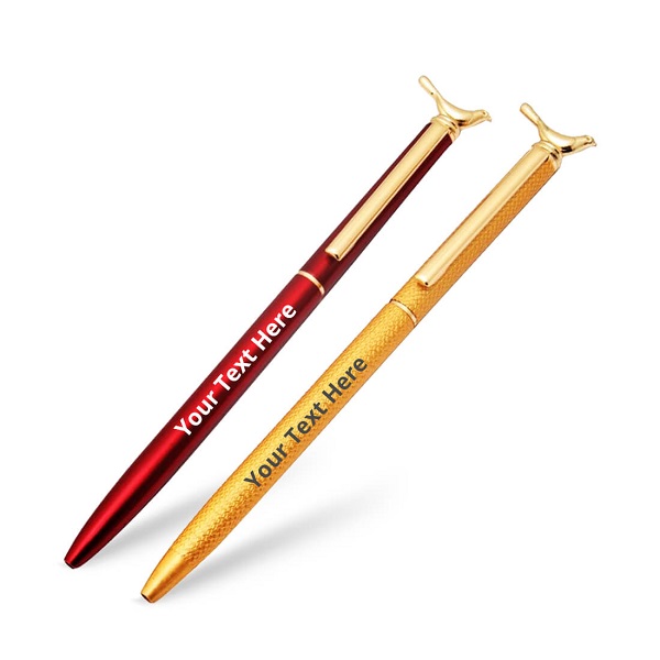Buy Golden and Red Customized Sleek Pen with Pigeon Cap Pack of 2 ...
