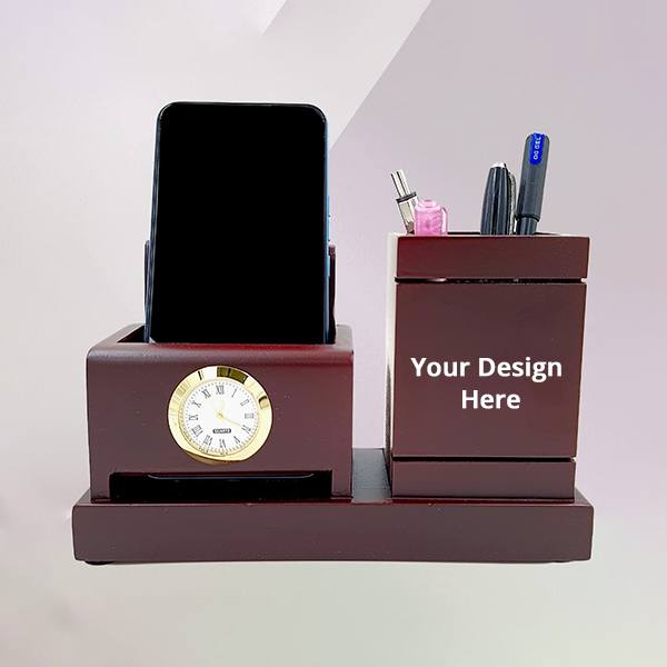 Buy Cherry Customized Wooden Pen Stand and Mobile Stand with Clock ...