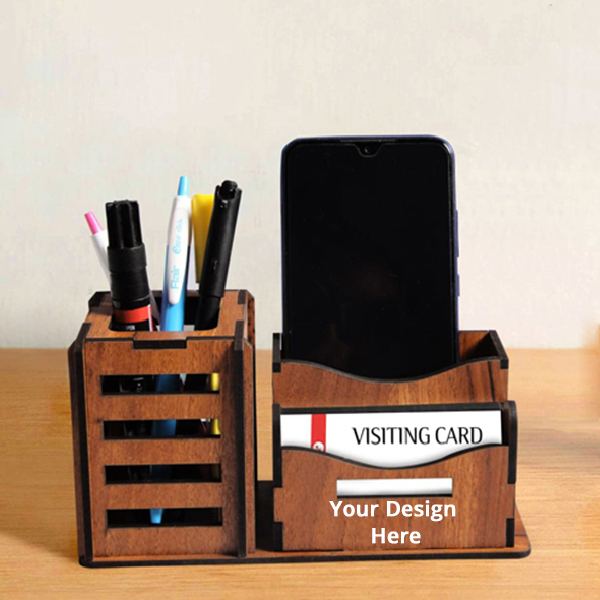 Buy Brown Customized 1 Pen Stand with Visiting Card & Mobile Holder ...